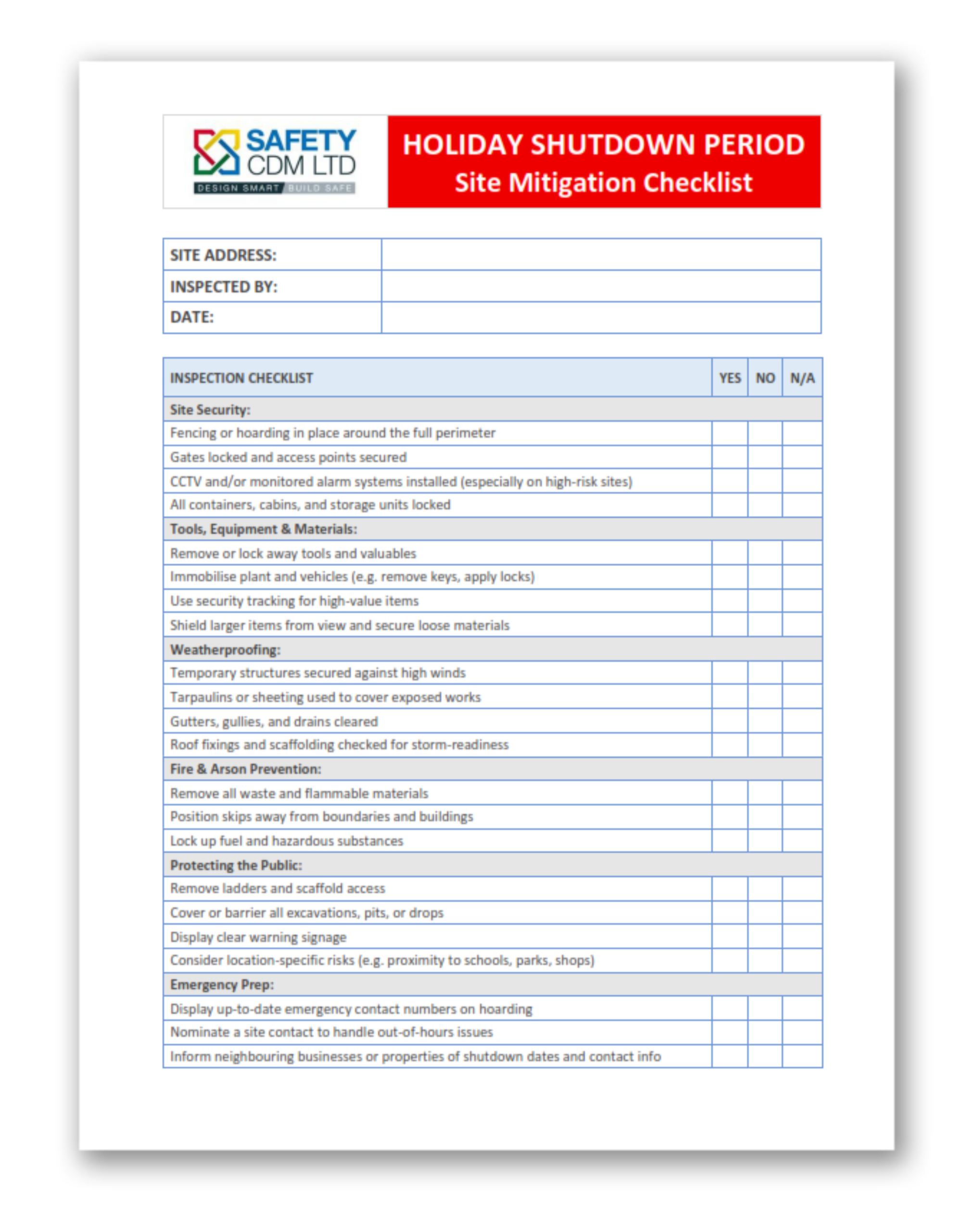 Christmas Construction Site Shutdown Safety Checklist
